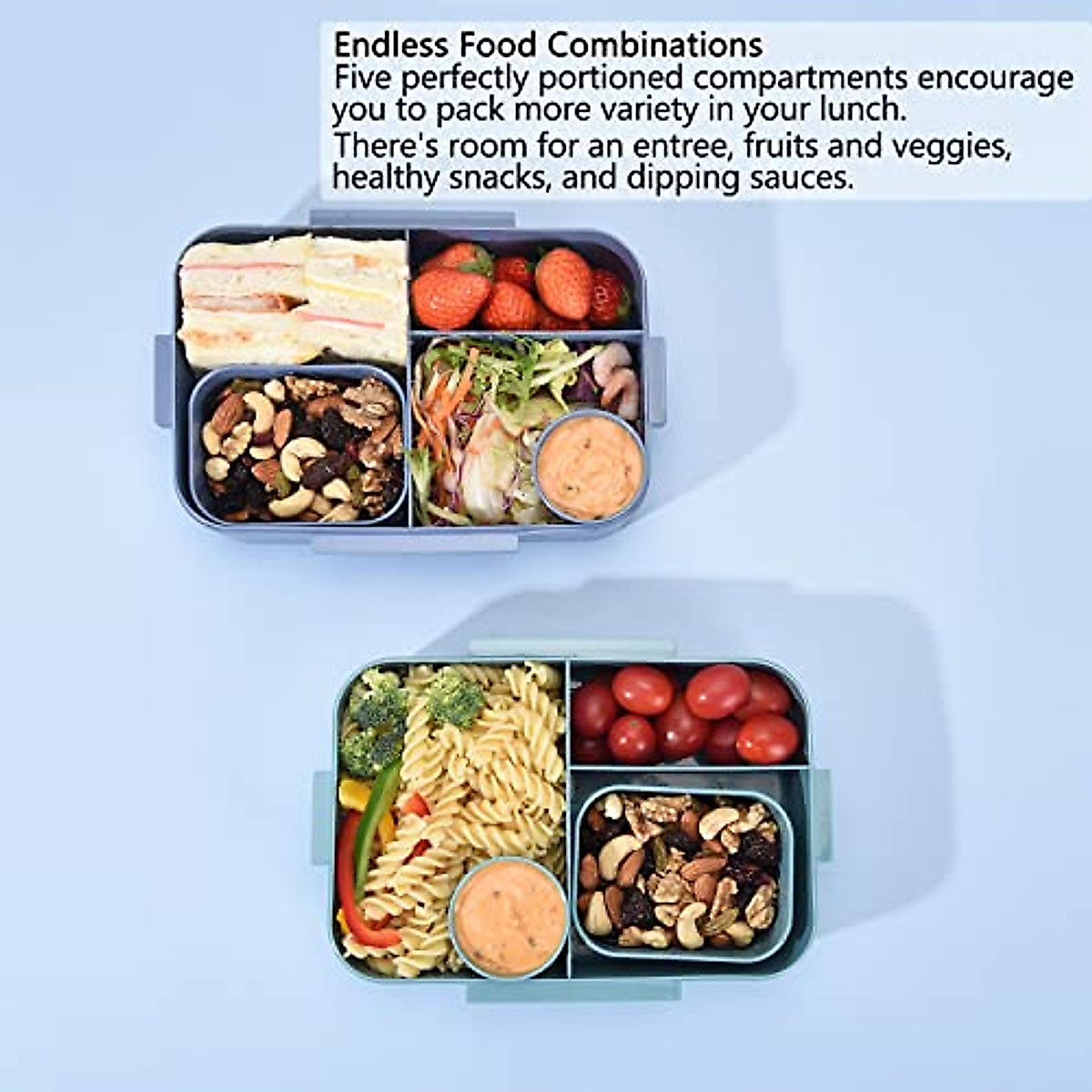 Versatile Spill Proof Bento Box, 2045ml Wheat Straw Lunch Bento Box 5-Compartment Lunch Container +Utensil Case Set, Unbreakable BPA-Free Lunch Box, Easy Open for School, Work, Picnic -Green