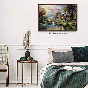 Thomas Kinkade Canvas Painting - Village Canvas Prints Thomas Kinkade Pictures Farmhouse Mountain Lake Nature Thomas Kinkade Wall Art for Living Room Bedroom Decor 16x24 Inch Unframed