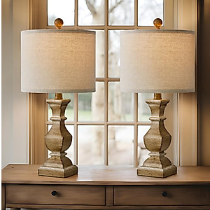 PoKat 20.5" Mid Century Table Lamp Sets of 2 for Living Room Retro Style Farmhouse Table Lamp for Bedroom Classic Beige Resin Bedside Night Light Lamps