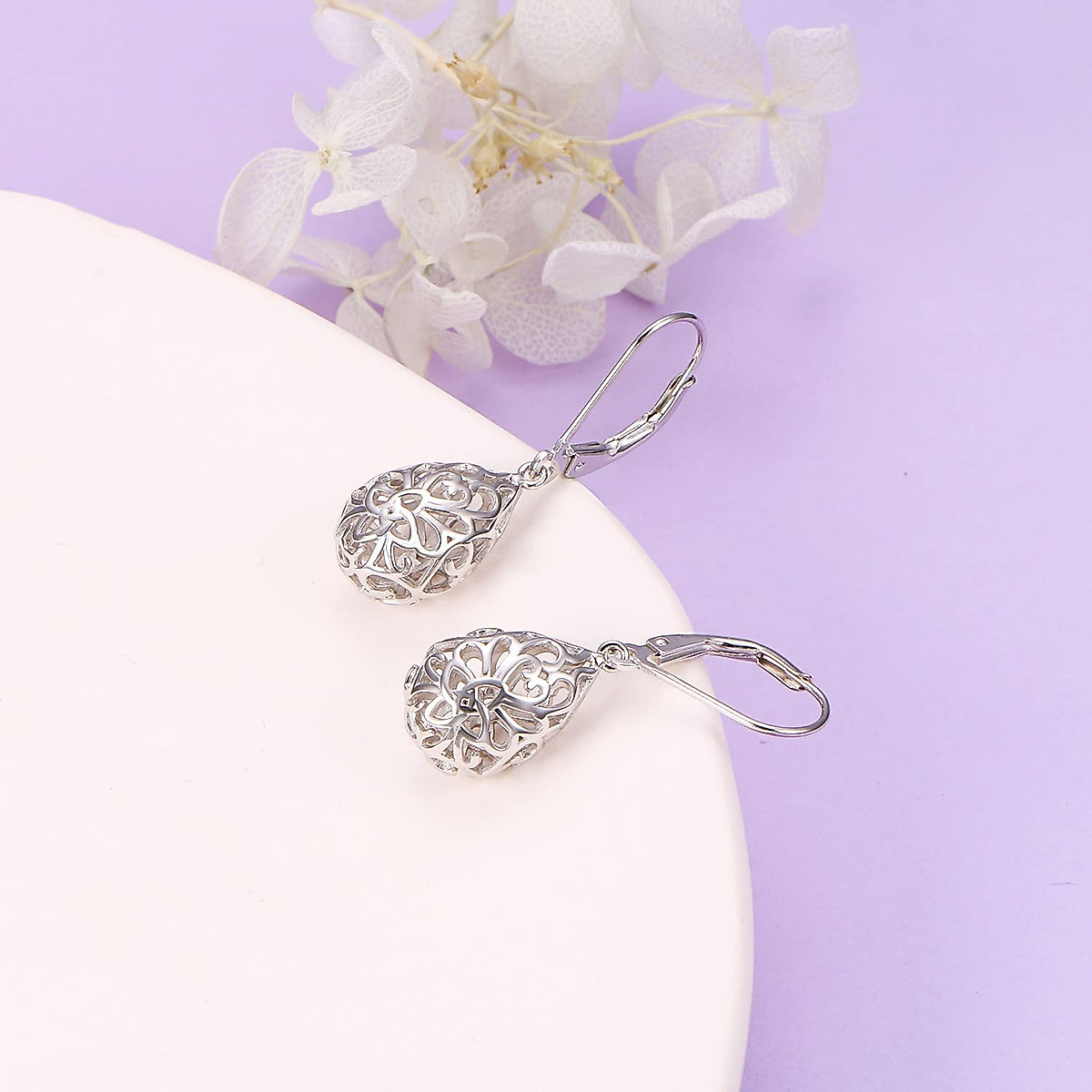 SHAOAN 925 Sterling Silver Filigree Dangle Drop Earrings Celtic Knot Leverback Teardrop Earrings for Women Jewelry for Mother’s Day