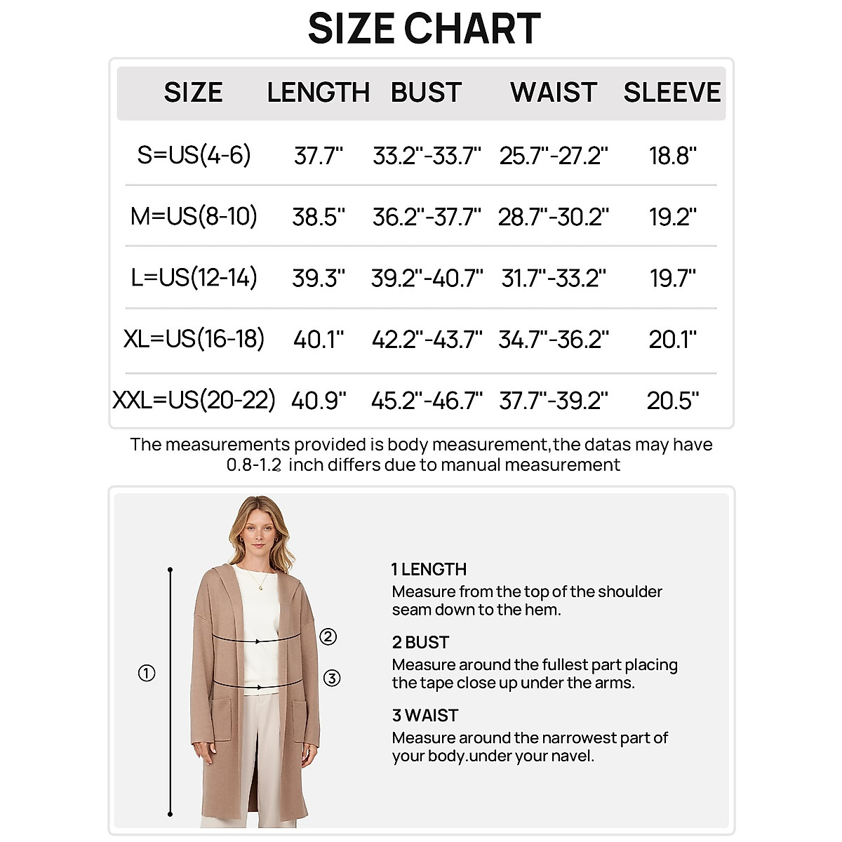 MEROKEETY Long Hooded Cardigan Sweaters for Women Oversized Open Front Coatigan Lady Jacket Coat Pockets, Khaki, Medium