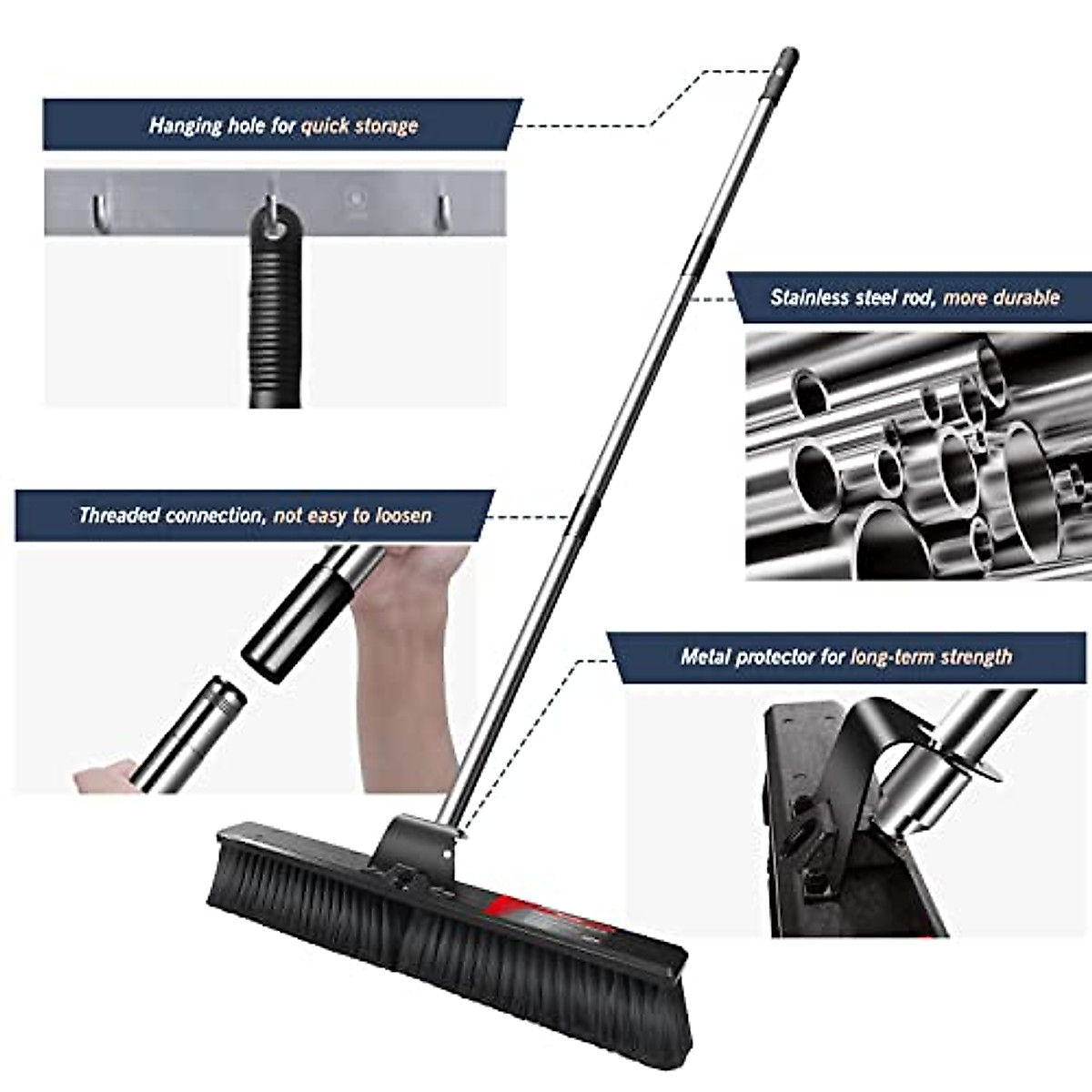 HEVOL Push Broom, 24" Wide Floor Scrub Brush with Stiff Bristles and 57” Long Stainless Steel Handle, Garage Heavy Duty Broom Outdoor Push Broom for Bathroom Kitchen Yard Patio Deck, Black