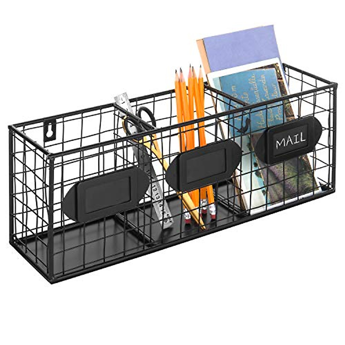 MyGift Utensil Organizer Wall Mounted Black Metal Kitchen Silverware Flatware Caddy Holder, Countertop Storage Basket with 3 Compartments and Chalkboard Labels