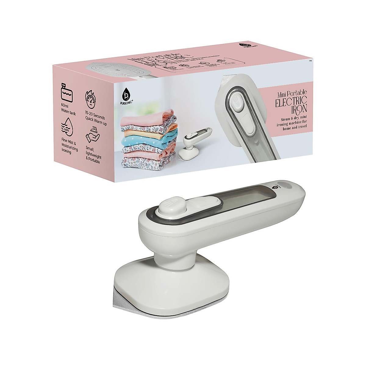 Pursonic Mini Portable Electric Iron with Quick Warm-Up, 60ml Water Tank - Small & Lightweight Ironing Board for Home & Travel - Fine Mist Travel Iron Mini with Steam