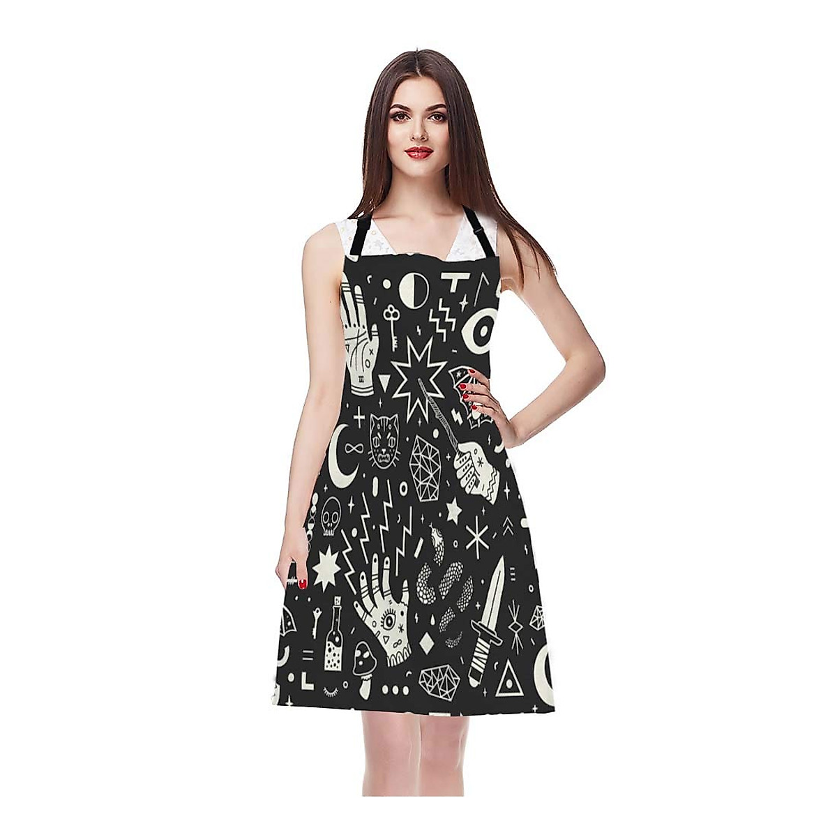 EKOBLA Magical Witchcraft Aprons Hand Eyes Moon Skull Cat Bat Snake Dagger Mushroom Key Waterproof Resistant Chef Cooking Kitchen BBQ Adjustable Aprons for Women Men 27x31 Inch