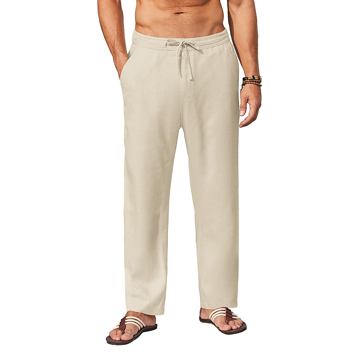 COOFANDY Men's Linen Beach Pants Loose Fit Drawstring Casual Pants Lightweight Baggy Cotton Trousers, Beige, X-Large