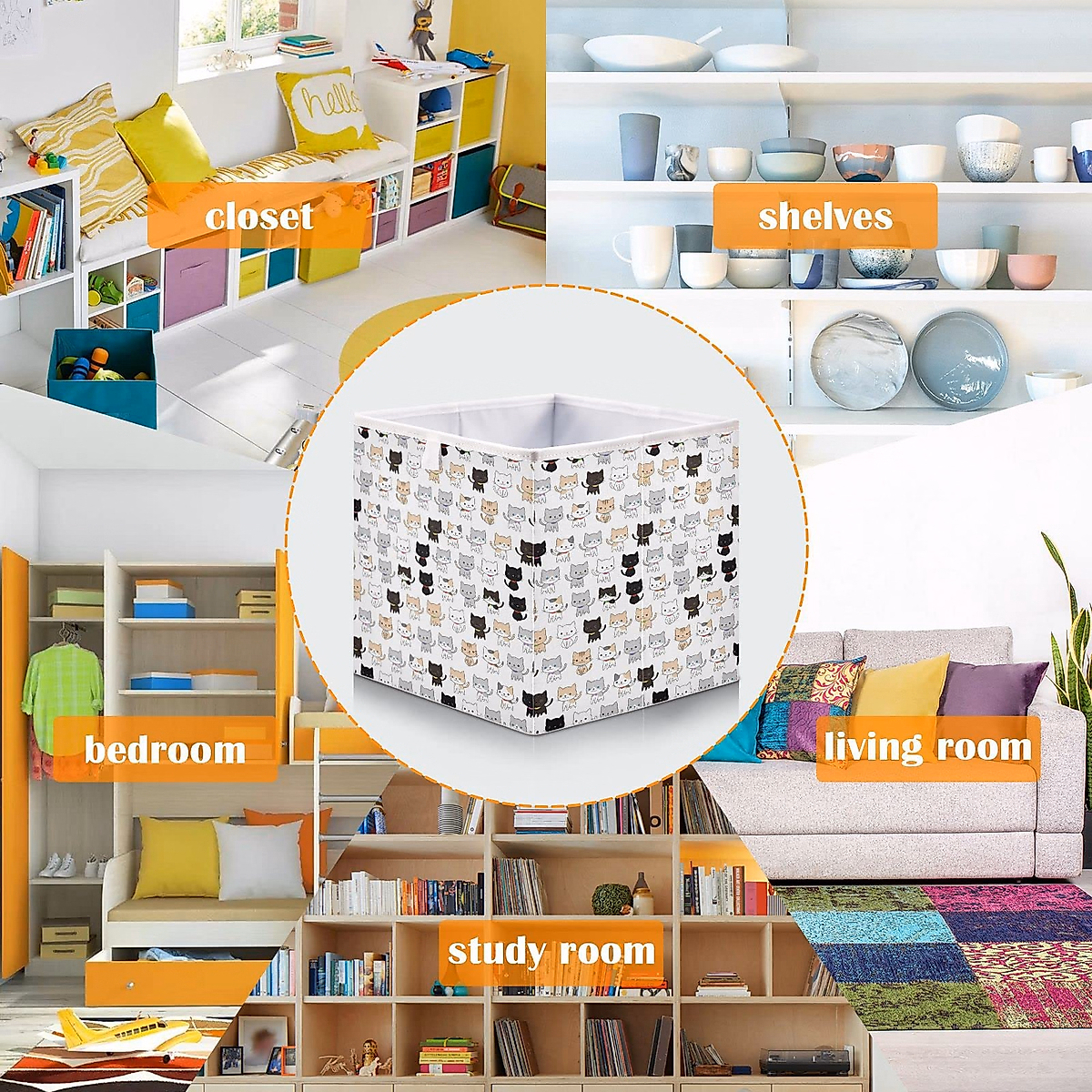 Kigai Cute Cat Animal Cube Storage Bins - 11x11x11 in Large Foldable Cubes Organizer Storage Basket for Home Office, Nursery, Shelf, Closet