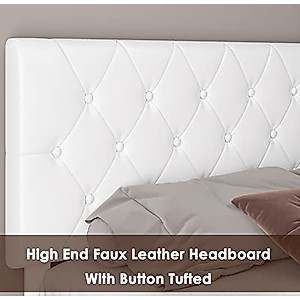 TTVIEW Upholstered Queen Bed Frame with Button Tufted Headboard, Modern Faux Leather Platform Bed with Wooden Slat Support, No Box Spring Needed, Sturdy and Noise-Free, Easy Assembly, White