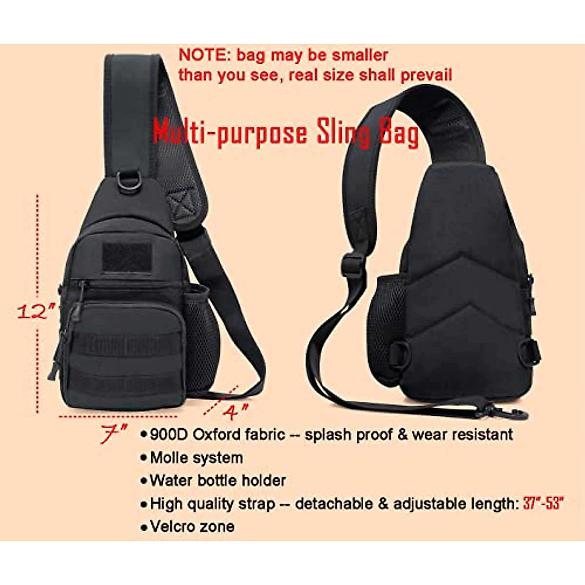 Ait fish Small Crossbody Tactical Sling Bag for Men and Women - One Shoulder Backpack for Hiking Travel - Black