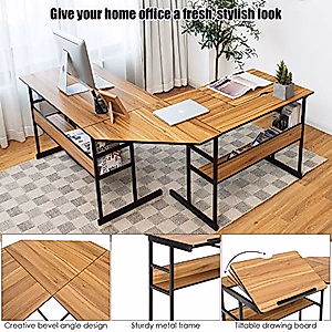 Tangkula L-Shaped Drafting Desk, Corner Computer Desk with Bottom Bookshelves & CPU Stand, Drafting Drawing Table with Tiltable Desktop, Computer Workstation Home Office Desk