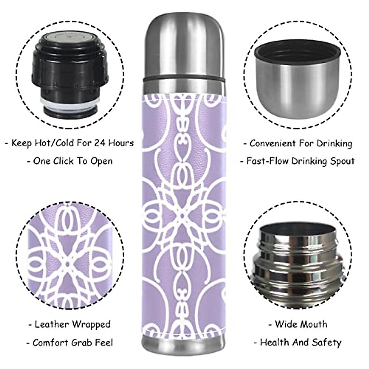 Stainless Steel Leather Vacuum Insulated Mug Vintage Flower Texture Thermos Water Bottle for Hot and Cold Drinks Kids Adults 16 Oz