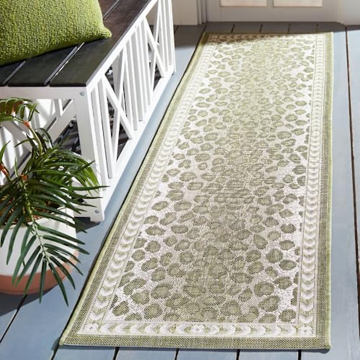 SAFAVIEH Courtyard Collection Runner Rug - 2'3" x 12', Light Green & Ivory, Leopard Print Design, Non-Shedding & Easy Care, Indoor/Outdoor & Washable-Ideal for Patio, Backyard, Mudroom (CY6100-52712)