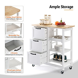 VINGLI Kitchen Island, Rolling Kitchen Storage Cart with 3 Drawers 3 Tier Holders Serving Bar Cart Coffee Bar Small Kitchen Microwave Trolley with Natural Solid Wood Top Caster Home Furniture