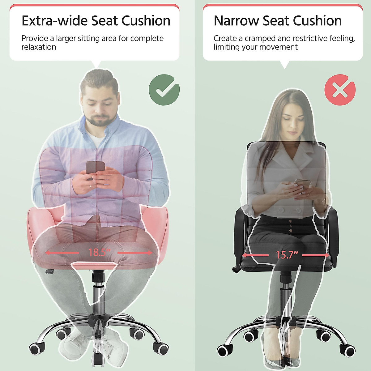 Yaheetech Faux Leather Office Chair Modern Vanity Chair Ergonomic Adjustable Makeup Chair with Padded Armrests Big Seat for Office, Study, Home, Pink