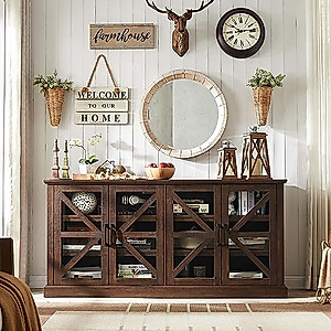 SinCiDo Modern Farmhouse TV Stand for 80 Inch TVs, 34" Tall Entertainment Center w/4 Glass Barn Door, Large Wood Storage Cabinet w/Shelves & Cable Management for Living Room, 70inch, Brown