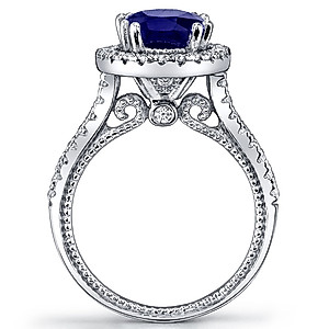 PEORA Created Blue Sapphire Halo Milgrain Solitaire Ring for Women 925 Sterling Silver, 2.75 Carats Oval Shape 9x7mm Size 9