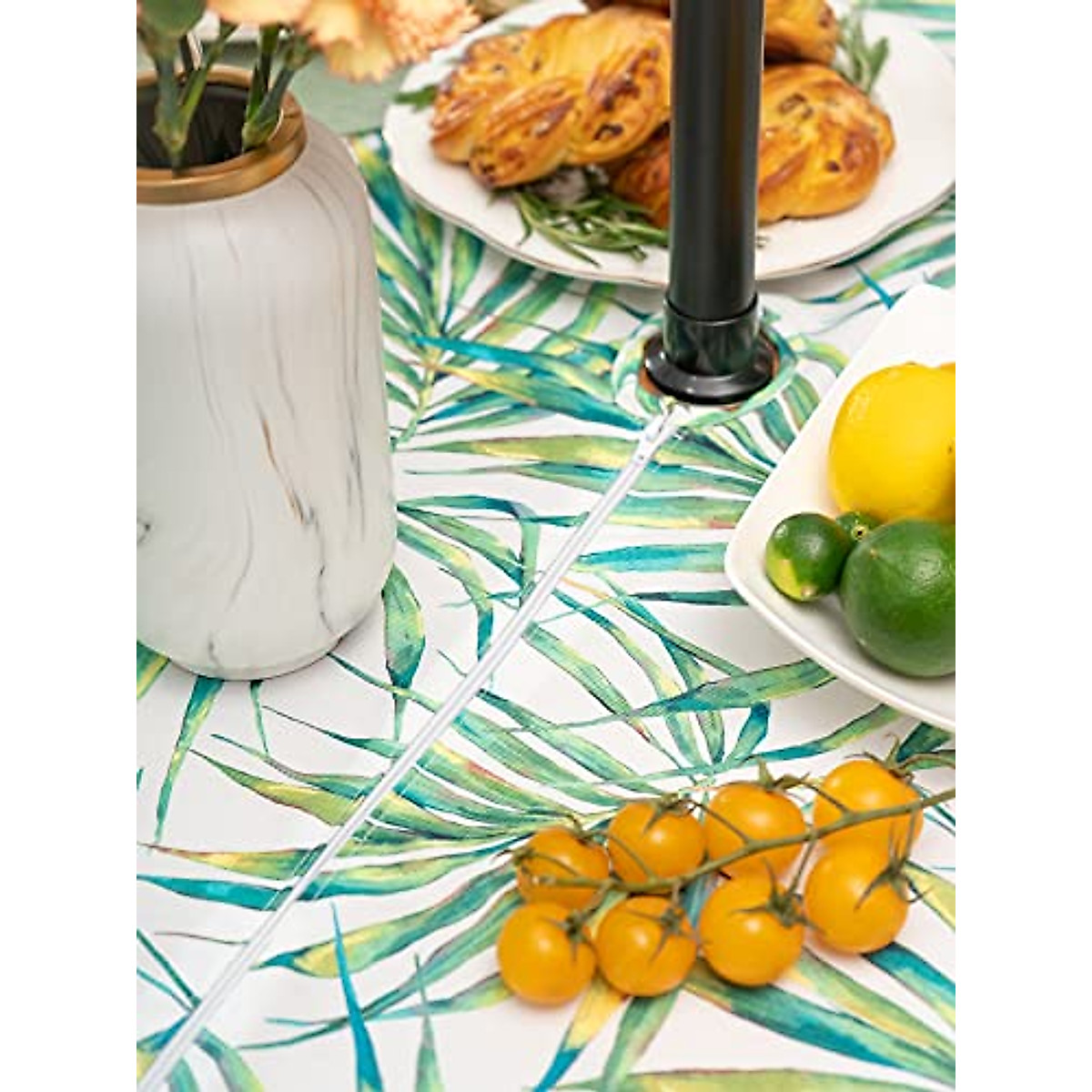 YiHomer Spring & Summer Outdoor Table Cloth - 70 Inch Round Tablecloth - Waterproof Wrinkle Free Table Cover with Zipper and Umbrella Hole, Palm Leaves Dream
