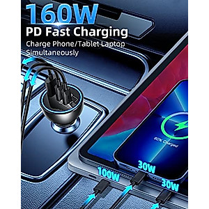 160W USB C Car Charger, Baseus PD3.0 QC5.0 PPS 45W 3 Ports Super Fast Charging Type C Car Phone Charger Adapter for iPhone 14 13 12 11 Pro Max Samsung Galaxy S22/S21 Ultra/Tab S8 iPad MacBook Laptop