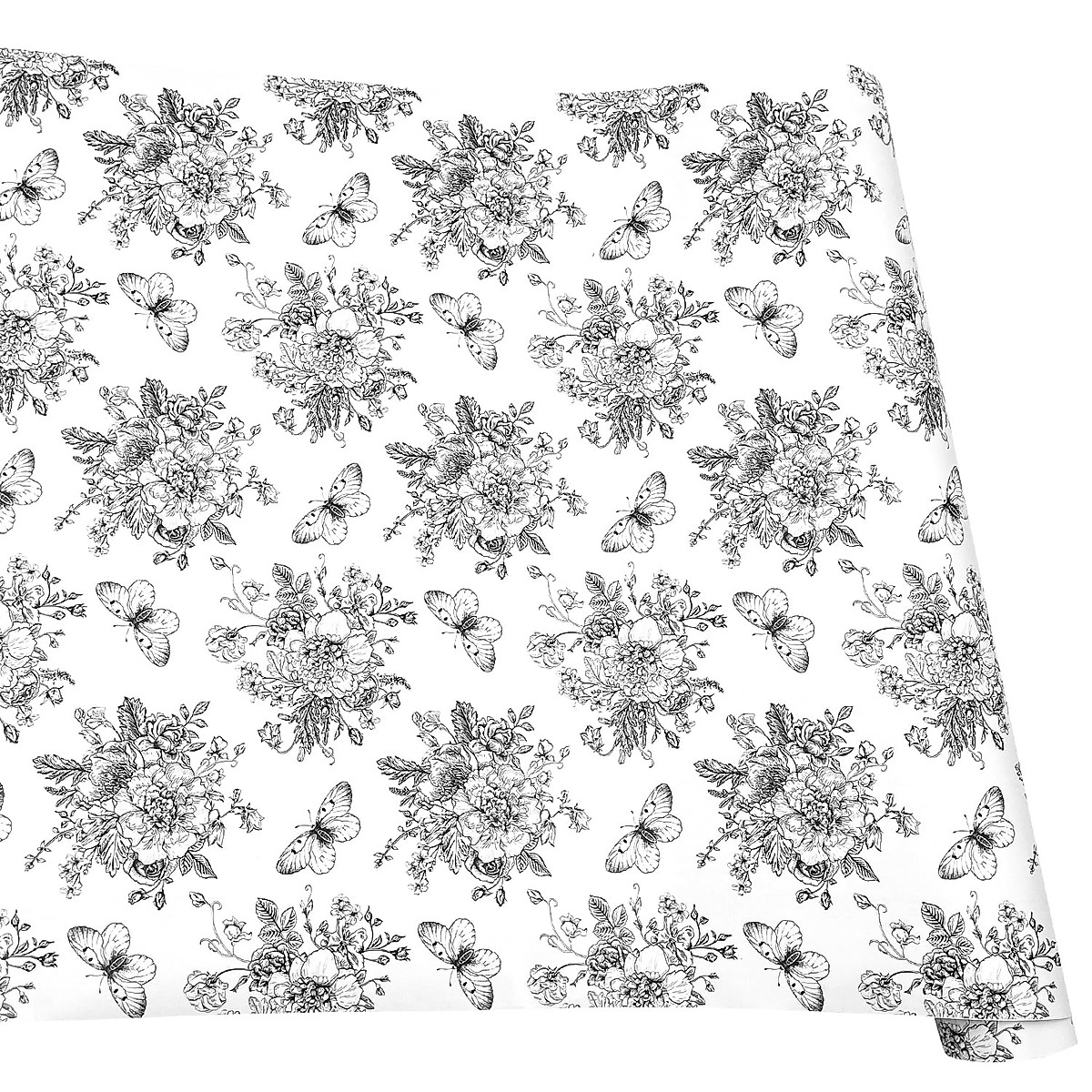 SimpleLife4U Easy Apply Shelf Liner Removable Furniture Paper Decorative Workspace Organizers Sofa Tables, Black-White Peony Butterfly, 17.7 Inch by 9.8 Feet