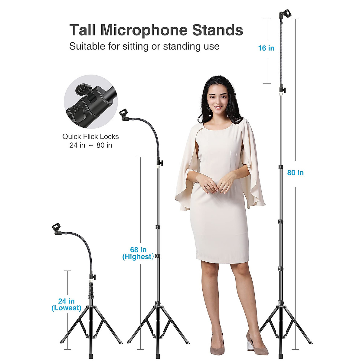 Elitehood Aluminum Foldable Microphone Stand, 82’’ Tall & Height Adjustable Mic Stand Boom, Microphone Tripod Stand with Mic Clip Holder for Singing, Performance, Karaoke, Speech, Stage and Outdoor