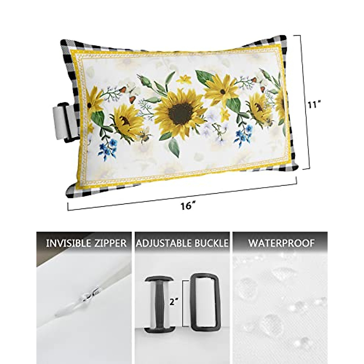 Recliner Head Pillow Ledge Loungers Chair Pillows with Insert Summer Rustic Sunflowers Yellow Black Plaid Lumbar Pillow with Adjustable Strap Outdoor Waterproof Patio Pillows for Beach Pool, 2 PCS