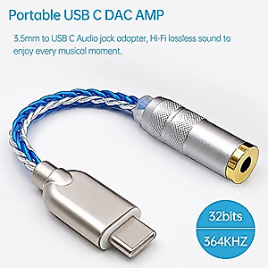 Portable Headphone Amplifier USB Type C to 3.5mm Adapter DAC ALC5686 32bits/384KHz Headset Amp for Samsung Android iOS Windows Mac OS X System Smartphone PC Laptop S22 S20+ S20 Ultra - Blue Sliver