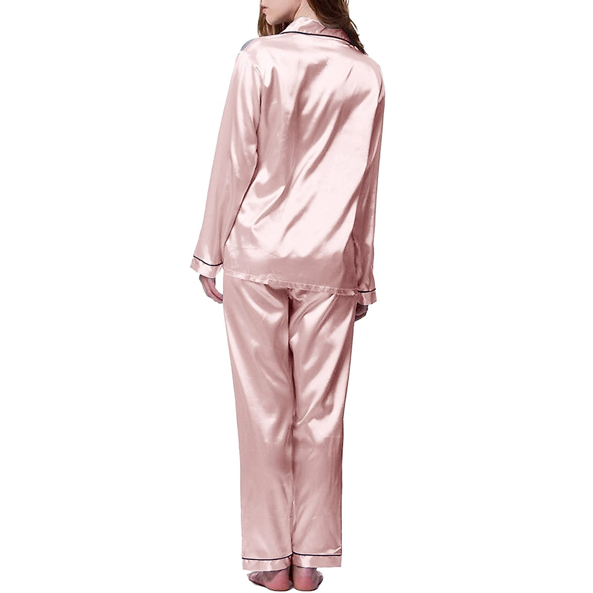 Aniywn Silk Satin Pajama Set For Women Soft Lounge Set Women's Silk Sleepwear Satin Long Sleeve Two Piece Pajama Pj Set B-pink