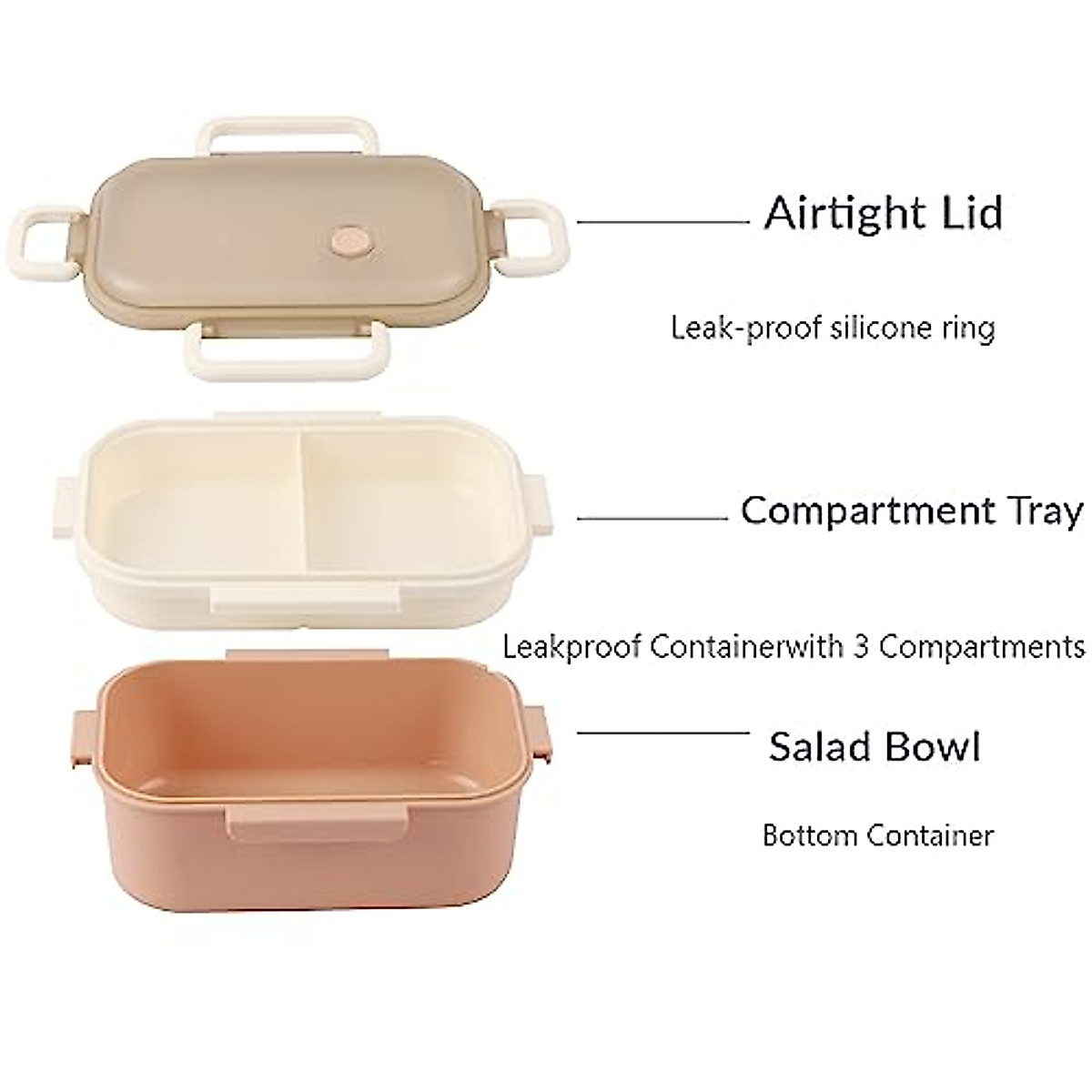 Tinaforld Large Salad Container for Lunch - Better Adult Bento Lunch Box 1000ML,3-Compartment Tray 2-layer, Stackable, BPA-Free