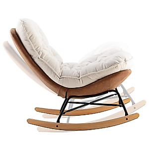 LZAREAL Rocking Boho Glider Chair for Nursery Comfy Accent Chairs for Living Room/Bedroom, Side Rocker Chair with Back Tufted Design Upholstered Fabric Padded Seat with Solid Wood Base, Linen-Cream