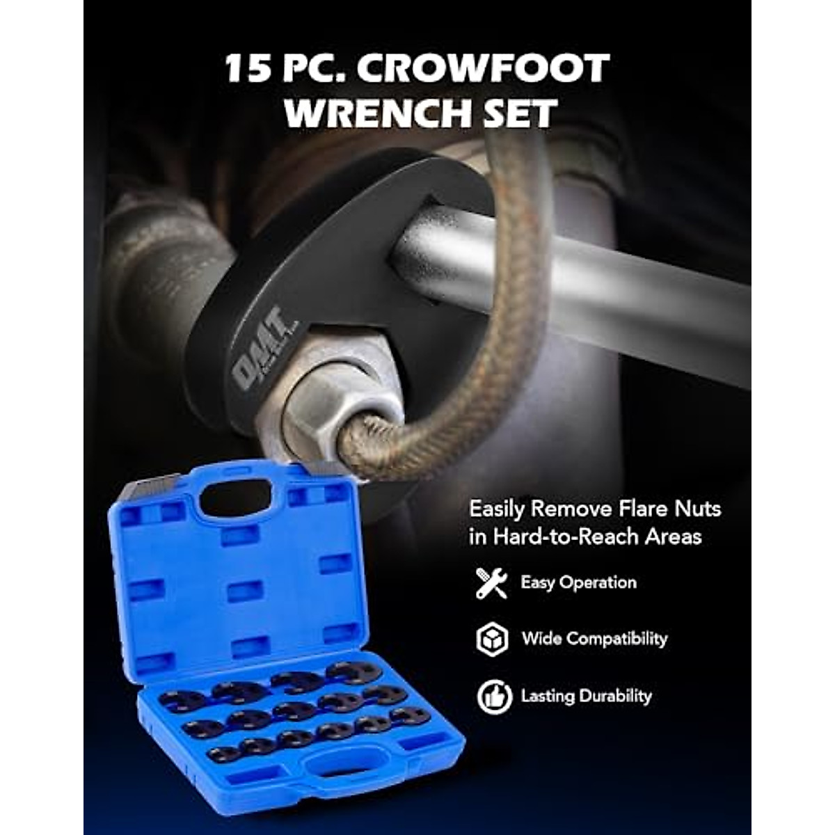 Orion Motor Tech Crowfoot Wrench Set for 8 to 24 mm Flare Nuts, Crowfoot Flare Nut Tool Kit, 15 Piece Large & Small Metric Wrench Set for 3/8" and 1/2" Drives Ratchets Extenders for Nut Removal