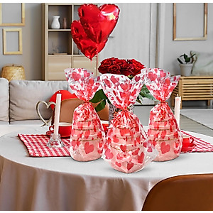 18 Valentine Cellophane Basket Bags with Twist Ties 22" x 25" Jumbo Large Valentines Day Red Heart Gift Wrap Clear Cello Plastic Bag for Baskets