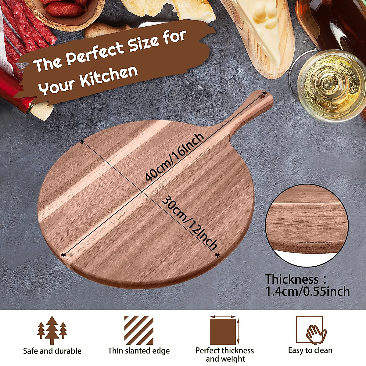 2 Pieces Acacia Wood Round Charcuterie Board 12'' Cutting Board Wooden Pizza Peel Cheese Paddle with Handle for Home Baking, Cheese, Fruits, Vegetables, Bread, Charcuterie Serving,16 x 12 x 0.6 Inch