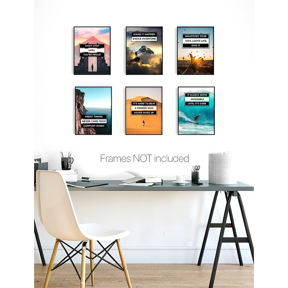 Motivational Wall Art - Inspirational Posters and Wall Art for Office, Home, Gym - Positive Quotes Wall Decor for Work Place - Inspiration Artwork for Business, Sports - 8x10inch, Set of 6 - UNFRAMED