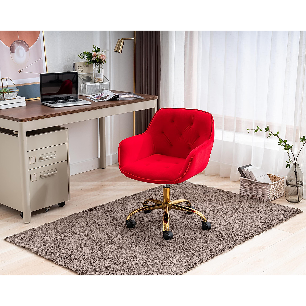 ZOBIDO Comfy Home Office Task Chair with Wheels, Cute Modern Upholstered Velvet Back Adjustable Swivel Vanity Desk Chair, for Women,for Girls, Living Room, Bedroom(red)