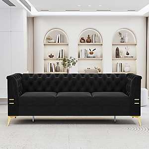ERYE Mid-Century Modern Velvet Chesterfield Button Upholstered 3 Seaters Sofa Couch, Golden Legs, Flared Padded Armrest,Removable Cushions Cover for Living Room,Bedroom,Office,Apartment, Dorm