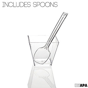 Ilyapa 100 x 2oz Mini Plastic Dessert Cups with Spoons - Dessert Shooter Plastic Glasses, Elegant Mini Appetizer Cups for Chocolate & Cheesecake, Mini Tumbler Square Cup, Puddings, Mousse, Parfaits