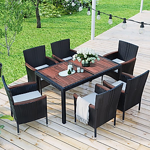 VilroCaz 6 Person Outdoor PE Wicker Dining Table Set with Acacia Wood Tabletop and Armrest, 7 Piece All Weather Conversation Set, Patio Garden Dining Set with Removable Cushion (Reddish-Brown)