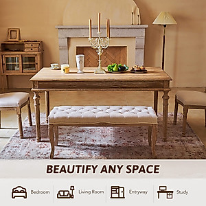 VONLUCE Vintage Dining Bench with Padded Seat & Rubberwood Legs, 44" Memory Foam Upholstered Entryway Bench, Tufted Fabric End of Bed Bench for Bedroom and Living Room, French Style, Beige