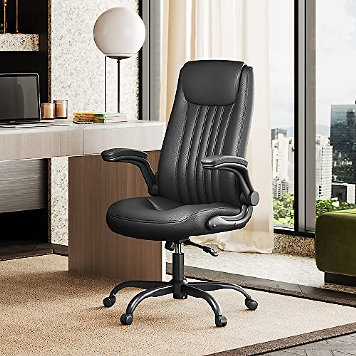 DEVAISE Computer Office Chair, High Back Ergonomic Desk Chair with Adjustable Flip-up Armrests, Lumbar Support and Thick Headrest, Executive Suede Fabric Swivel Task Chair, Black