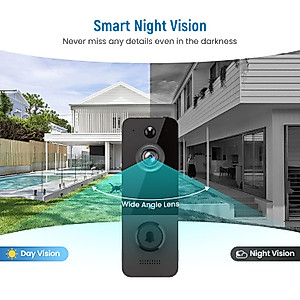 BITEPASS Smart Video Doorbell Camera Wireless with Ring Chime, AI Human Detection, 2-Way Audio, HD Live View, 2.4G WiFi, Night Vision, Cloud Storage, Battery Powered, Indoor Outdoor Surveillance