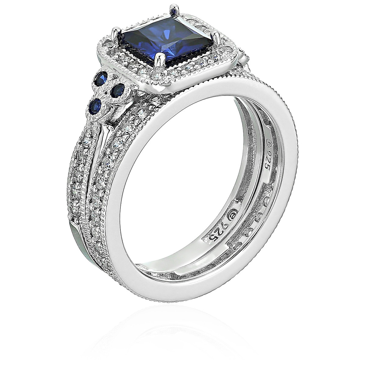 Amazon Collection Platinum-Plated Sterling Silver Princess-Cut Created Sapphire Vintage Ring Set made with Infinite Elements Cubic Zirconia, Size 8