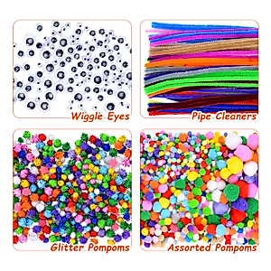 ZHAOER 200 Pieces Chenille Stems - 250 Pieces 6 Sizes Assorted Pom Poms - 100 Pieces Glitter Pompoms and 150 Pieces Wiggle Googly Eyes for DIY Arts Crafts
