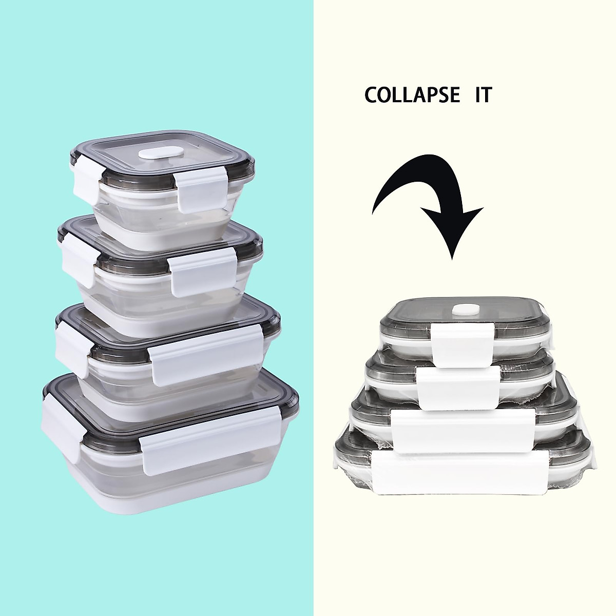 CAMPWOLF Collapsible Food Storage Containers with Lid,Set of 4,Microwave Freezer Dishwasher Safe,BPA Free, Leakproof (Rectangular)