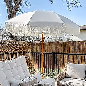 AMMSUN 7ft Patio Umbrella with Fringe Outdoor Tassel Umbrella UPF50+ Premium Steel Pole and Ribs Push Button Tilt,White Cream
