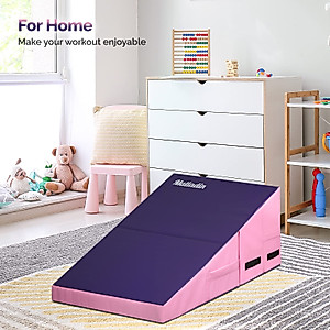 Matladin 32.7"x 23.6"x13.4" Incline Gymnastics Mat, Folding Gymnastics Cheese Wedge Mat, Gym Fitness Tumbling Skill Shape Mat for Kids Girls Home Training Exercise (Purple+Pink, Small)