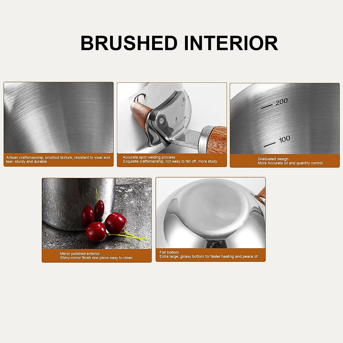 Butter Warmer 450ML Mini Milk Turkish Coffee Pot, Small Saucepan with Wooden Handle 3.3 x 3.3 x 3.7in Oil Warmer, Stainless Steel Warmer Pot for Chicken Popcorn French Fries Milk