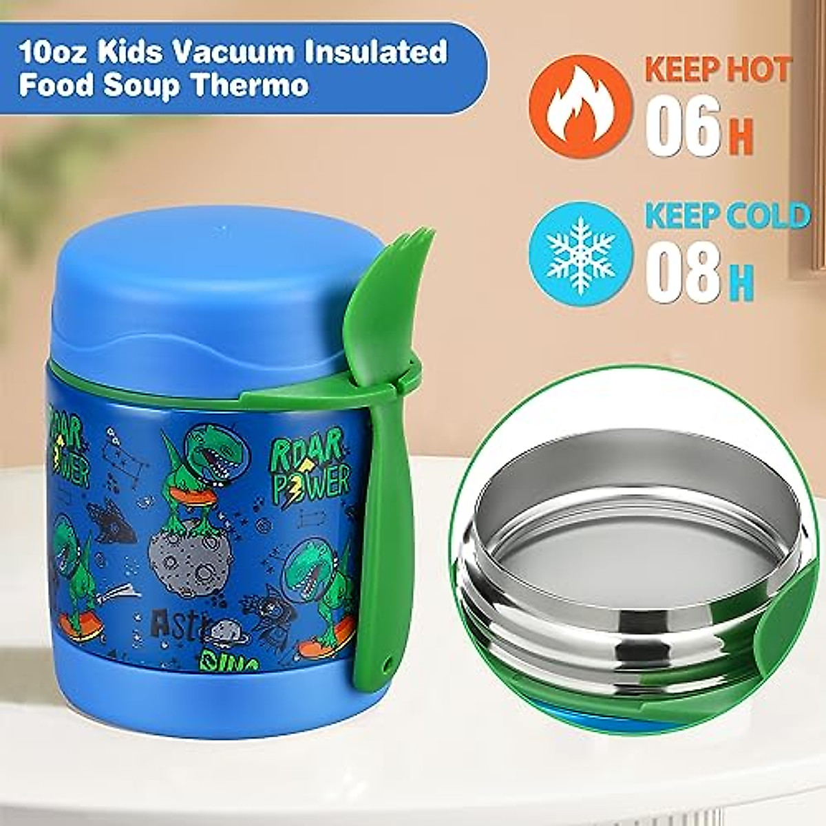 Pawtong 10oz Soup Thermo for Hot Food Kids Insulated Food Jar,Thermo Hot Food Lunch Container, Width Mouth Stainless Steel Lunch Box for Kids with Spoon (Blue-dinosaur)