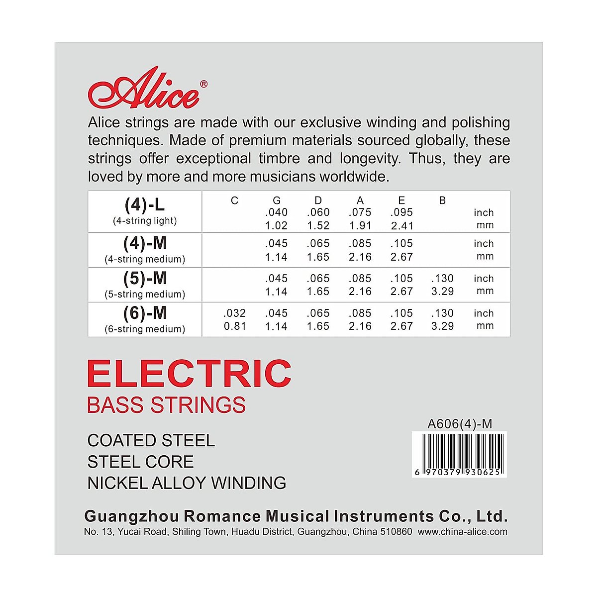 Alice Bass String 4 Strings Set, Nickel Alloy Winding Bass Guitar Strings with Nickel-Plated Ball-End, 045-105 Medium Gauge