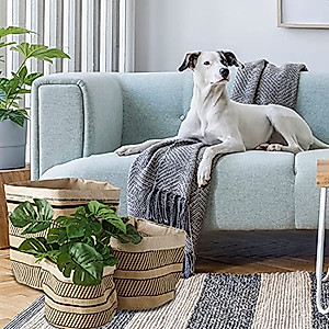 Geometric Striped Linen Plant Baskets, Set of 3, Beige and Black, Floor and Shelf Organizers, Durable Burlap Weave, Collapsible, Stitched, 13.75, 9.75 and 7.75 Inches