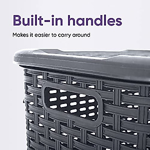 Plastic Laundry Hamper with Lid Laundry Hamper Basket, Grey 2 Pack Tall Cloths Hamper Organizer with Cut-out Handles. Space Saving for Laundry Room Bedroom Bathroom, Wicker Design 60 Liter